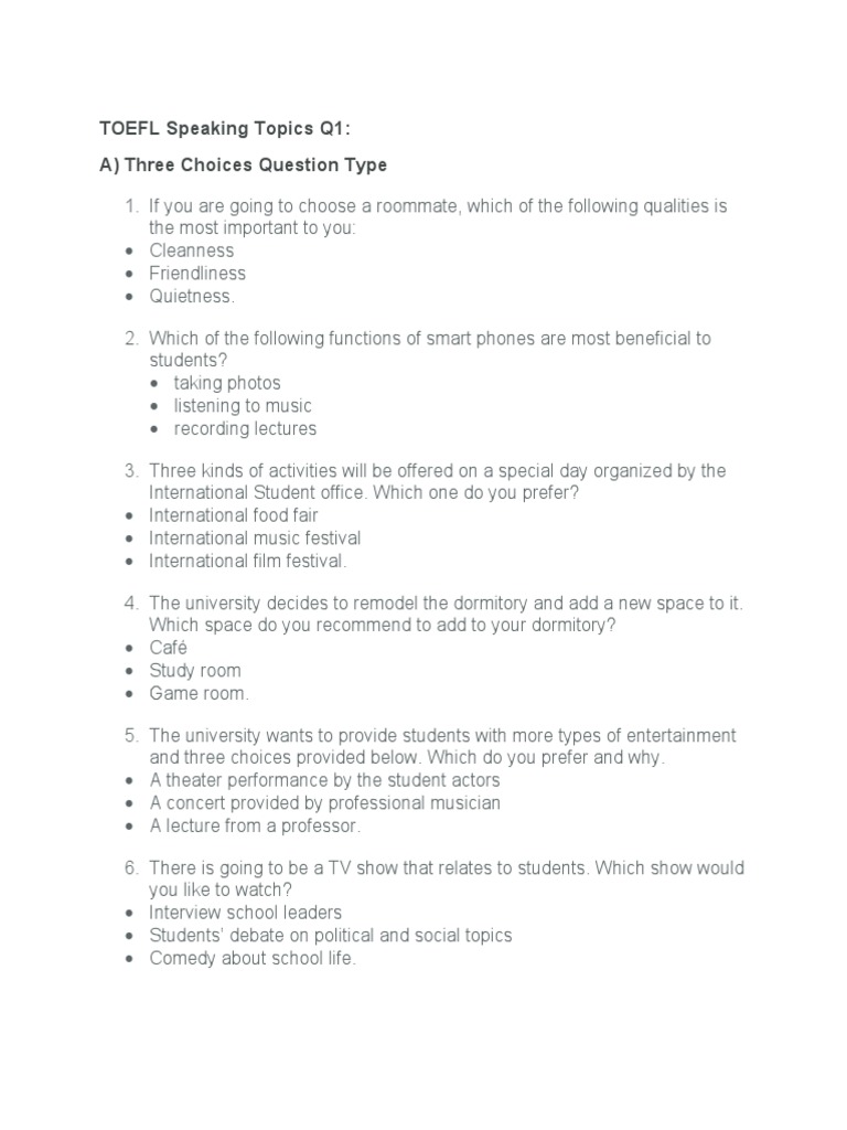 TOEFL Speaking Topics Q1 & Q2 | PDF | Reason