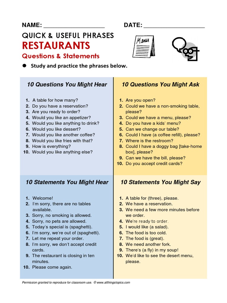 Restaurants: Quick & Useful Phrases | PDF | Menu | Restaurants