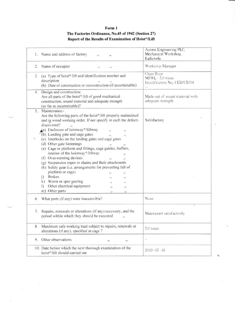 Hoist /lift: Form Ordinance, of of Examination | PDF | Elevator | Tools