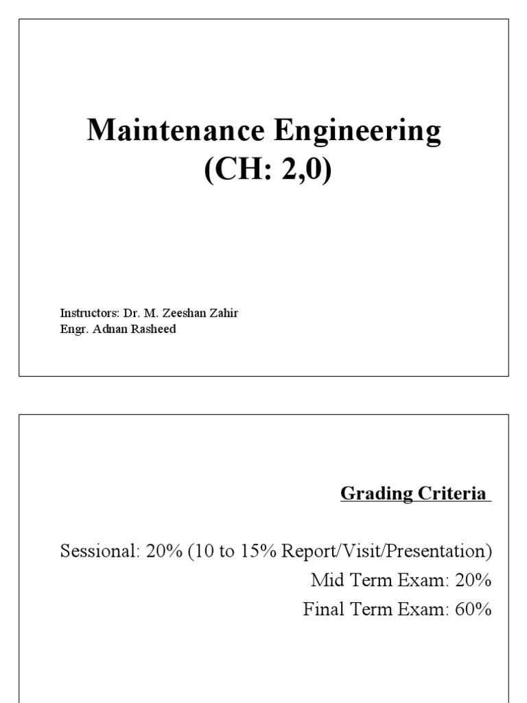 Maintenance Engineering (CH: 2,0) : Instructors: Dr. M. Zeeshan Zahir ...