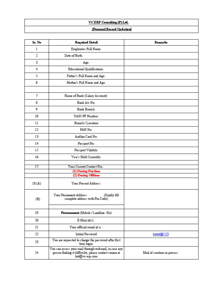 (Personal Record Updation) VC ERP Consulting (P) LTD.: (1) During ...