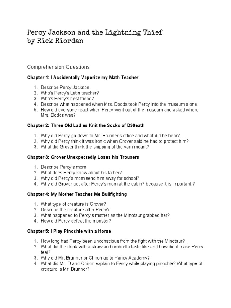 Comprehension Questions from Percy Jackson and the Lightning Thief ...
