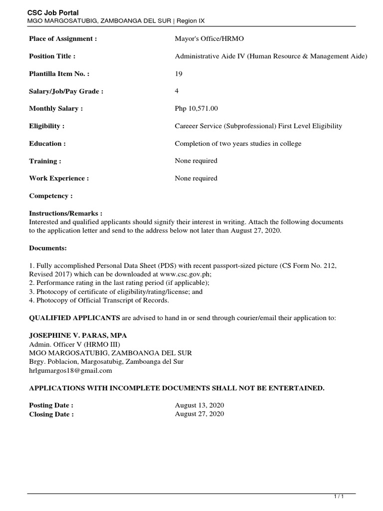 Job Opening: Admin Aide IV in Margosatubig | PDF | Business