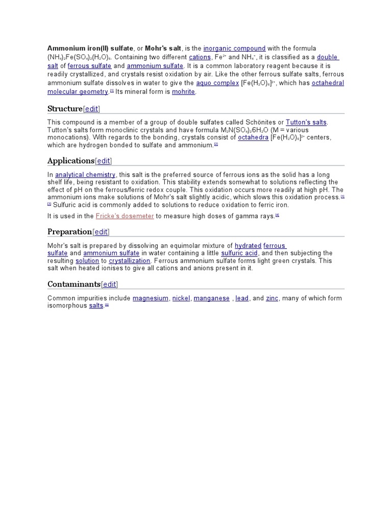 Structure: Ammonium Iron (II) Sulfate, or Mohr's Salt, Is The | PDF