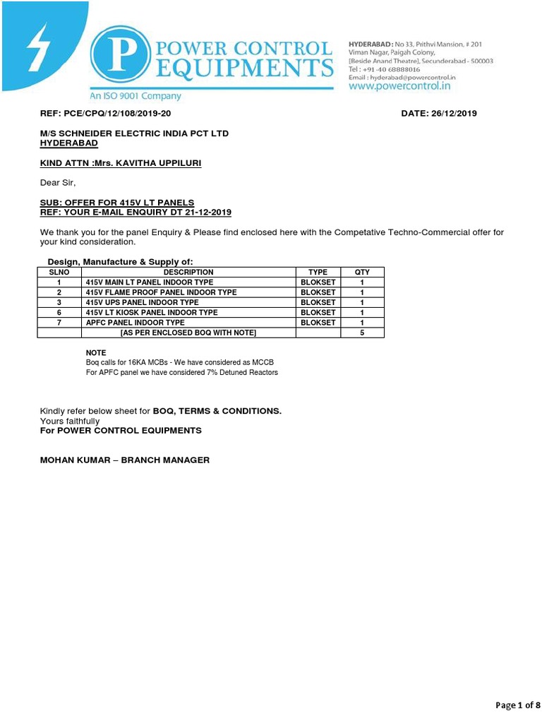Quotation-1 Electrical Panel (Schneider) | PDF | Switch | Electrical ...