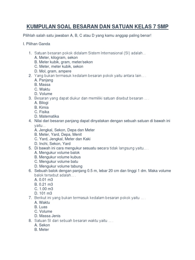 Kumpulan Soal Besaran Dan Satuan Kelas 7 SMP | PDF
