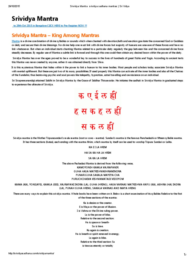 Srividya Mantra Srividya Sadhana Mantras Sri Vidya Sadhana | PDF | Mantra | Hindu Literature