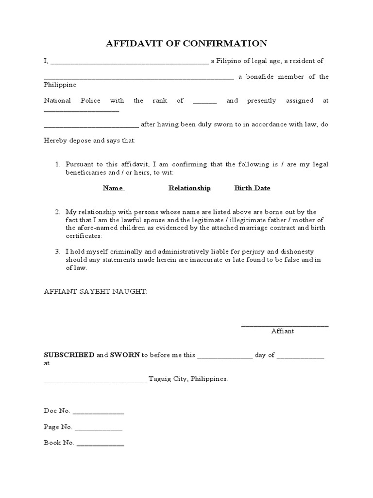 Affidavit of Confirmation: Name Relationship Birth Date | PDF