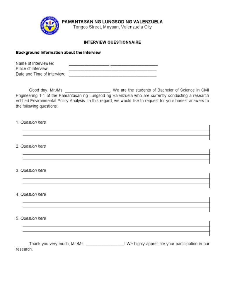 Letter For Interview Questionnaire