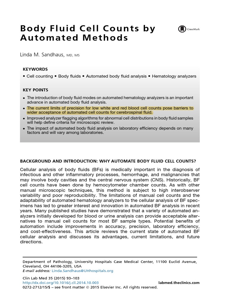 Body Fluid Cell Counts by Automated Methods | Download Free PDF ...