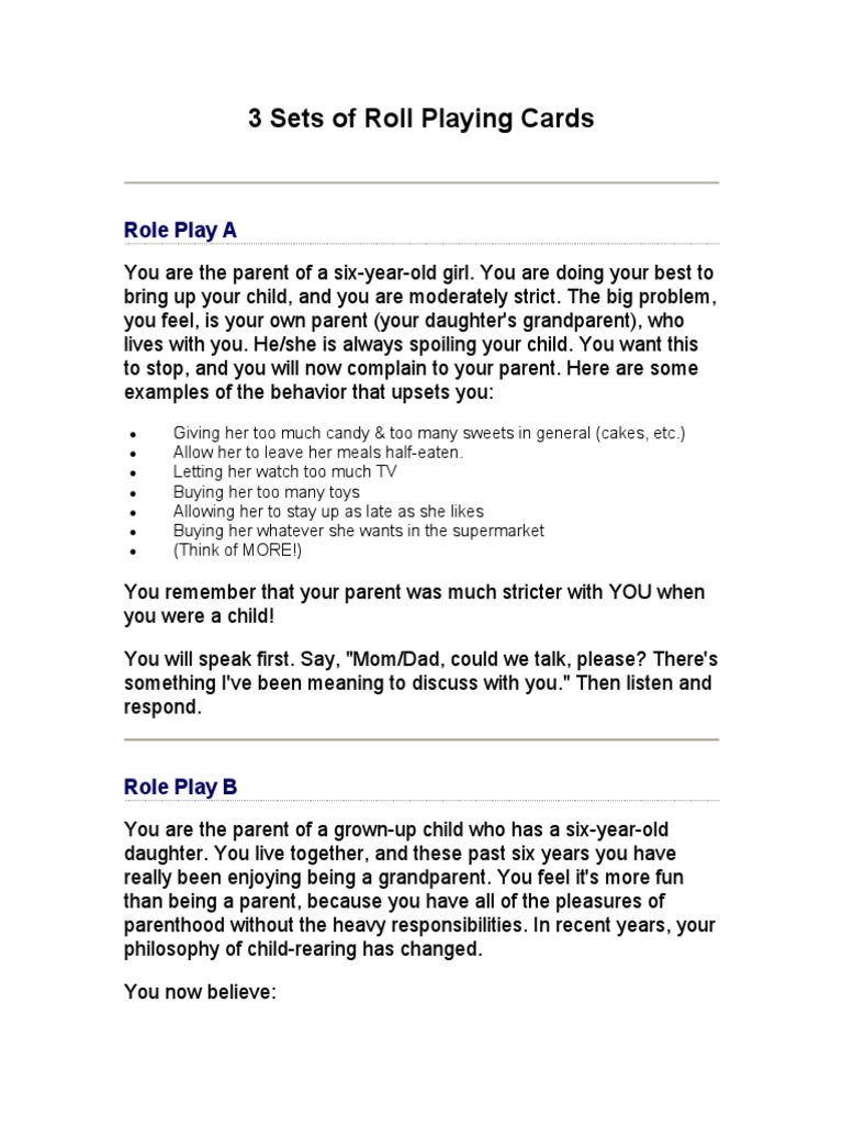 3 Sets of Roll Playing Cards: Role Play A | PDF | Alcohol Intoxication ...