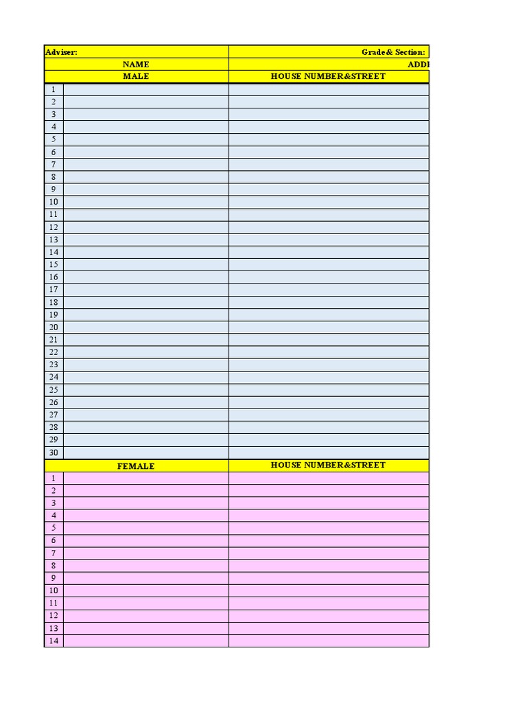 Adviser: Grade& Section: Name Address Male House Number&Street | PDF ...