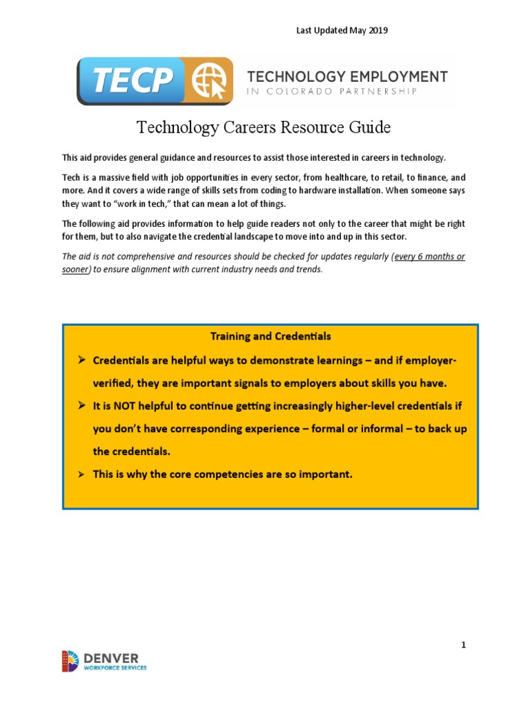 Technology Careers Resource Guide: Training and Credentials | PDF ...