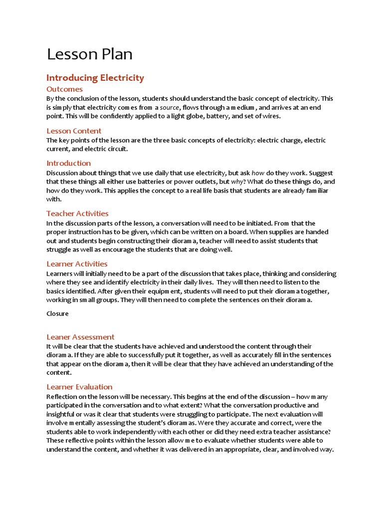 Lesson Plan: Introducing Electricity | PDF | Lesson Plan | Electricity