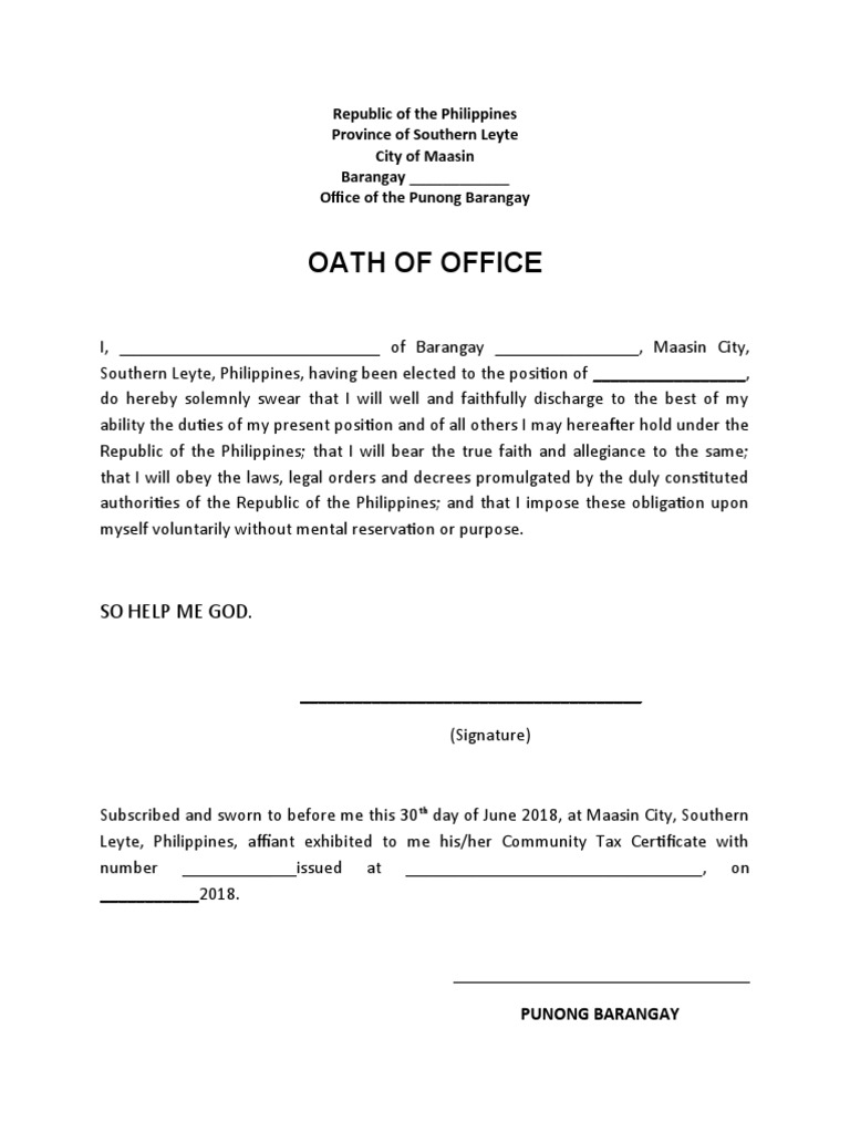 Oath of Office for Barangay Officials | PDF | Finance & Money ...