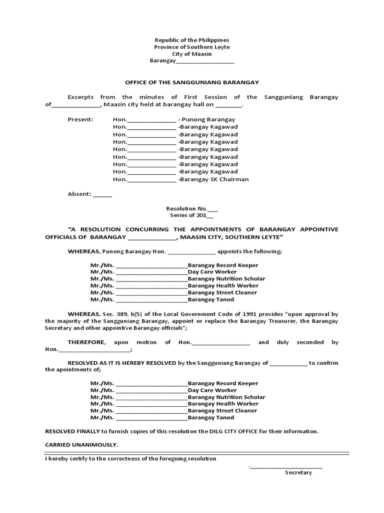 Barangay Resolution for Appointments | PDF | Government | Philippines
