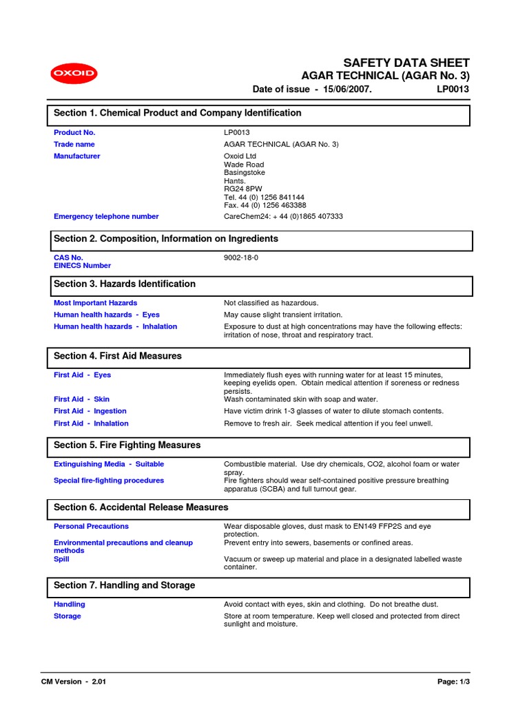 Safety Data Sheet: Agar Technical (Agar No. 3) | PDF | Safety | Prevention