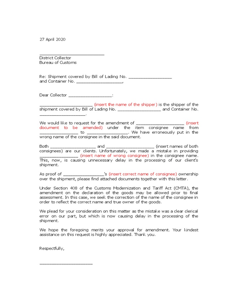 Boc-Shipper-Request Amendment | PDF