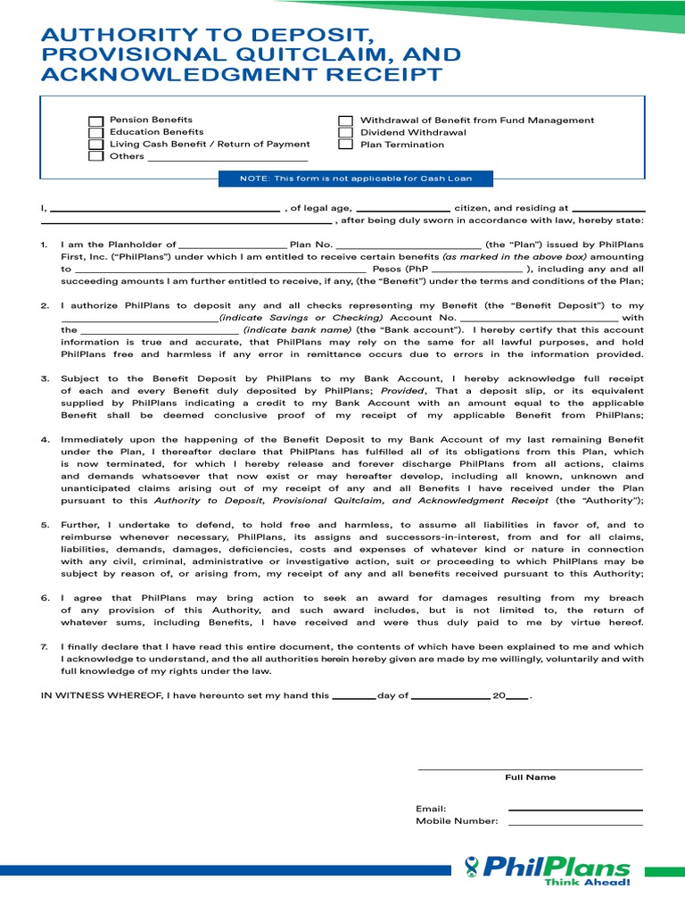 Authority To Deposit, Provisional Quitclaim, and Acknowledgment Receipt ...