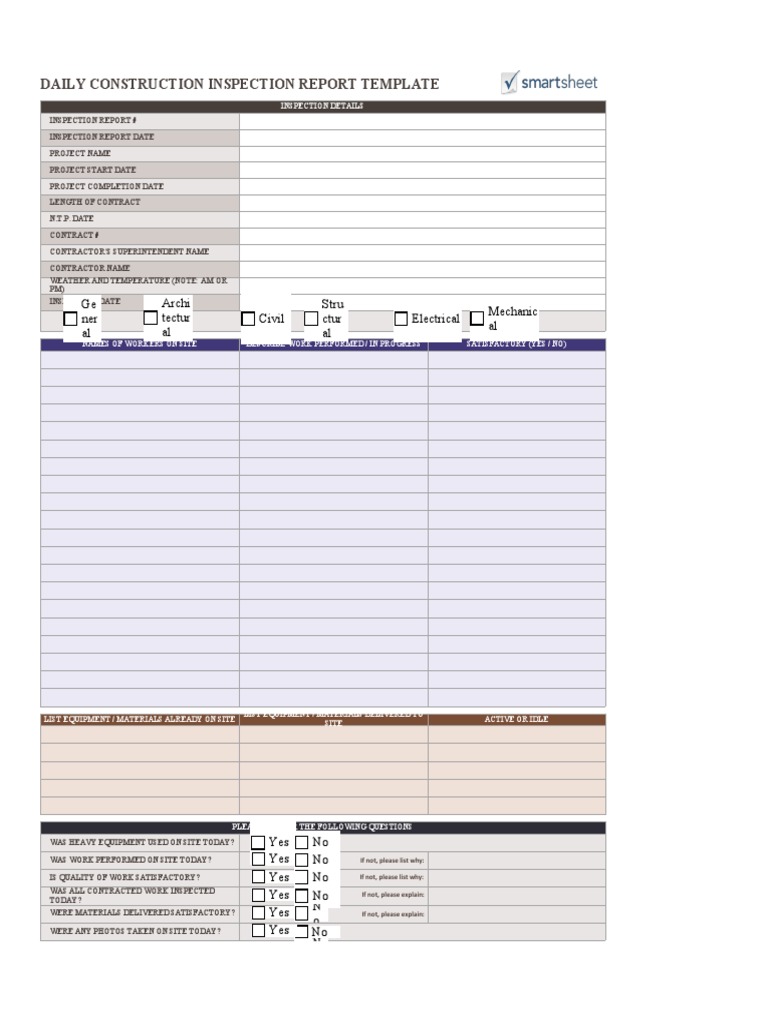 Daily Construction Inspection Report Template: Ge Ner Al Civil Stru ...