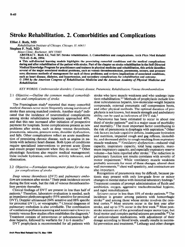 Stroke Rehabilitation. 2. Comorbidities and Complications: Elliot J ...