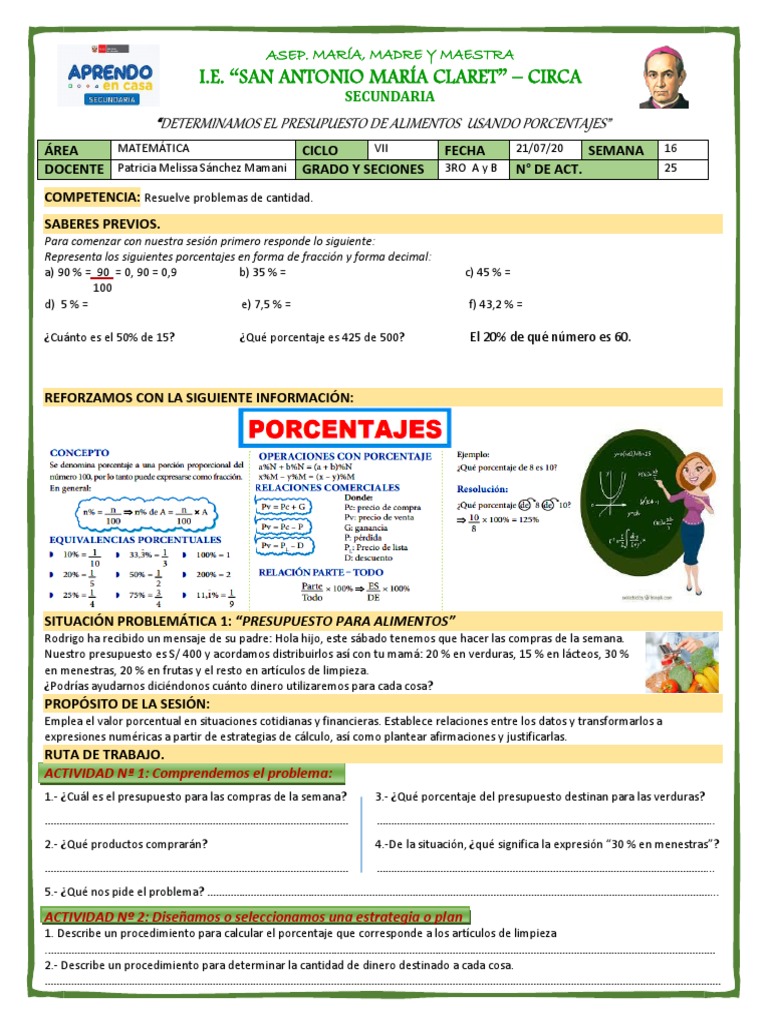 ACTIVIDAD DE APRENDIZAJE N°25 - 3RO Porcentajes PDF | PDF | Presupuesto ...