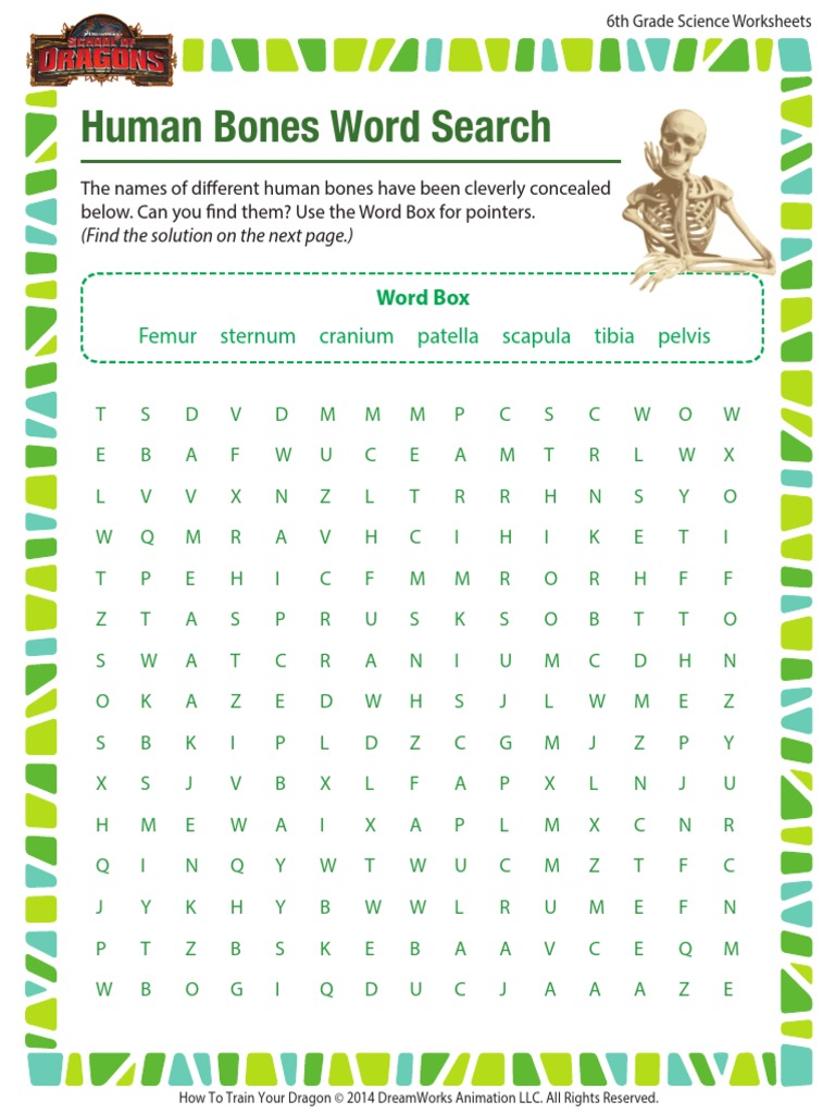Human Bones Word Search: Femur Sternum Cranium Patella Scapula Tibia ...