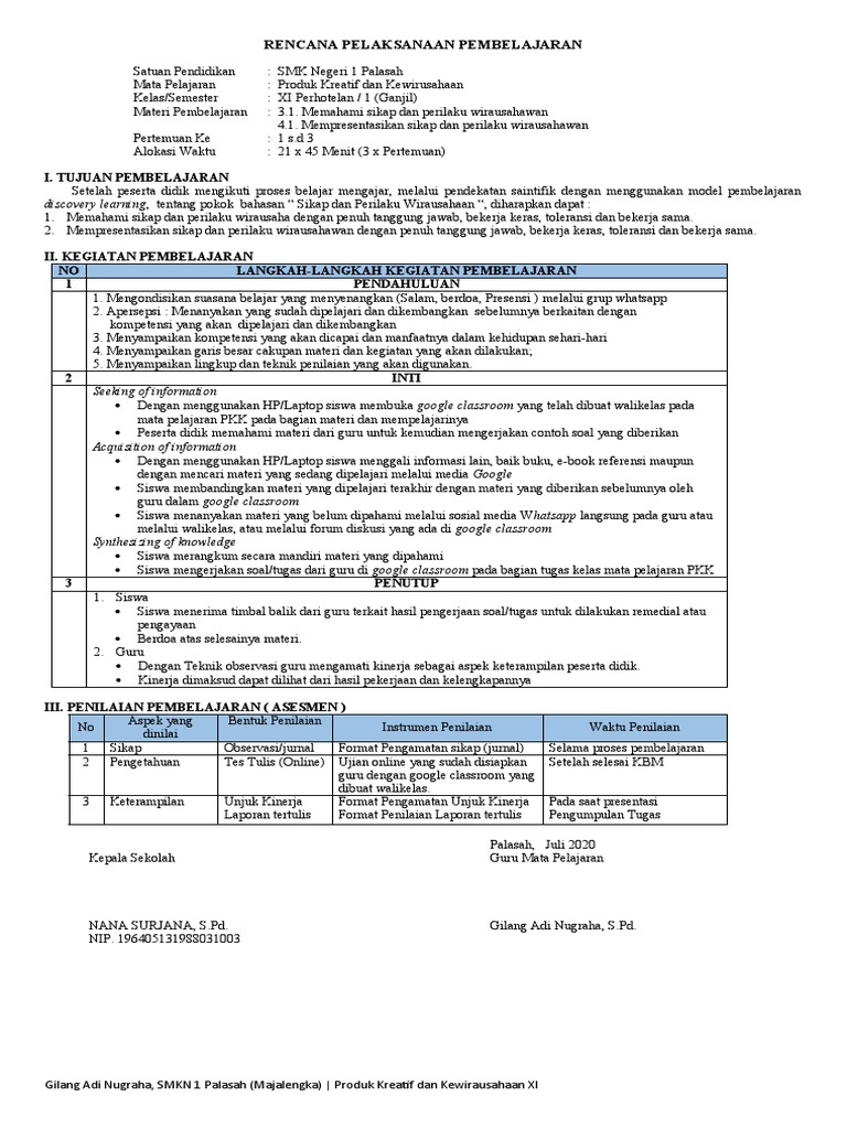 RPP Produk Kreatif Dan Kewirausahaan Kelas XI | PDF