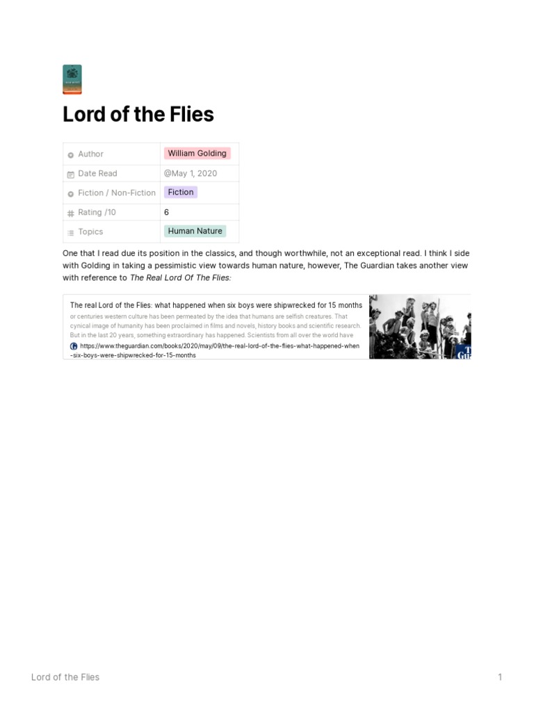 Lord of The Flies: Author Date Read Fiction / Non-Fiction Rating /10 ...