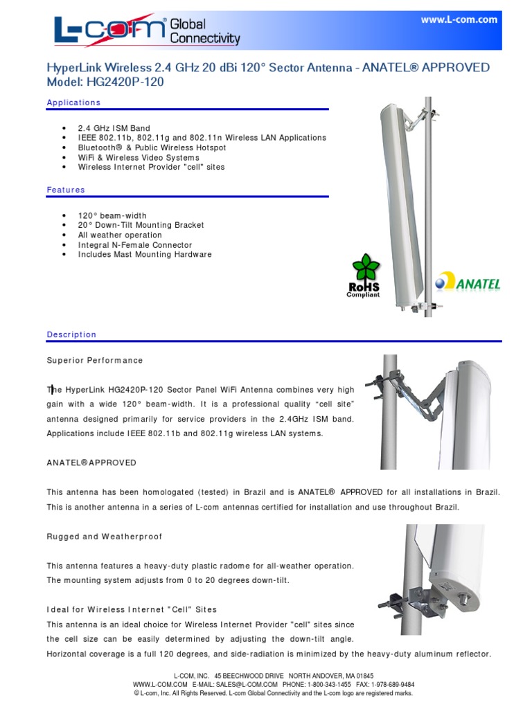 Hyperlink Wireless 2.4 GHZ 20 Dbi 120° Sector Antenna - Anatel ...