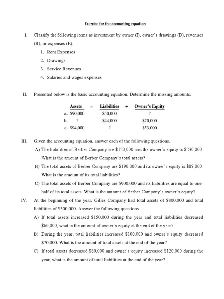 Accounting Equation Exercises | PDF | Expense | Equity (Finance)