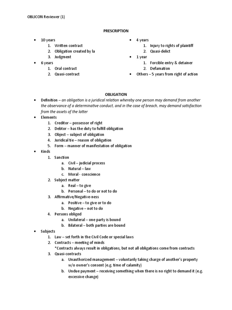 Obligation Prescription Periods and Elements of Obligations: A Comprehensive Review of ...