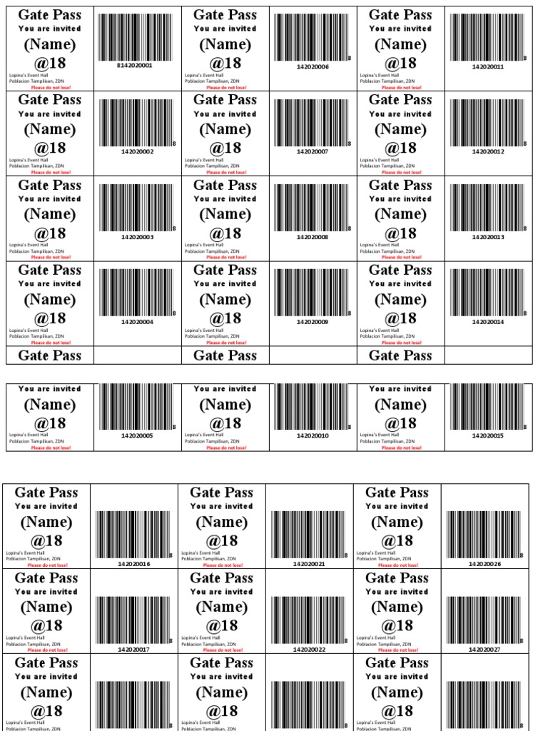 Sample Gate Pass For 18th Debut | PDF