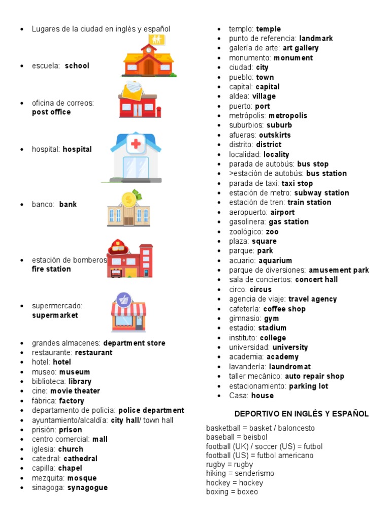 Lugares de La Ciudad en Inglés y Español | PDF | Recreación | Aficiones