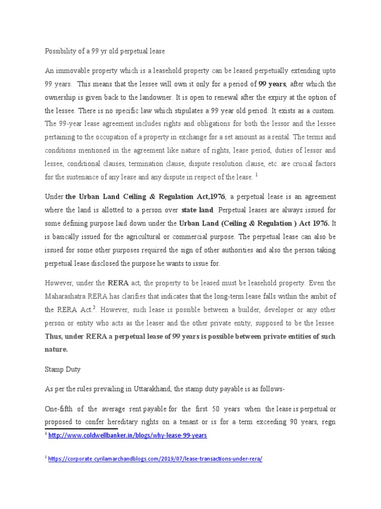 Possibility of A 99 Yr Old Perpetual Lease An Immovable Property Which ...