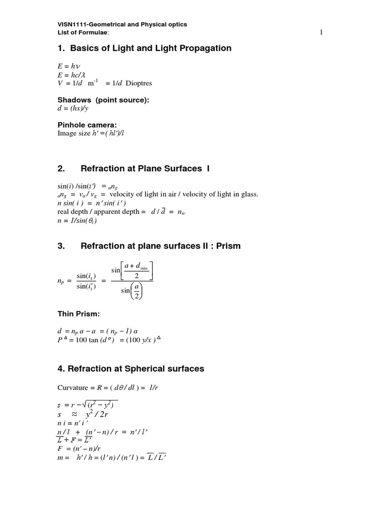 List of Formulae | PDF | Diffraction | Angular Resolution