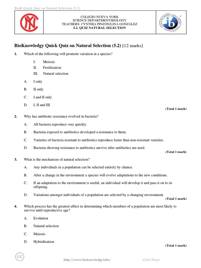 Natural Selection Quick Quiz | PDF | Natural Selection | Evolution