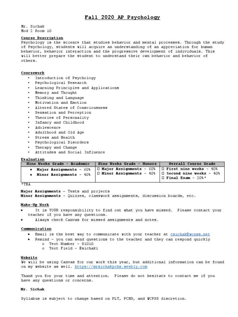 AP Psychology Syllabus Fall 2020 | PDF