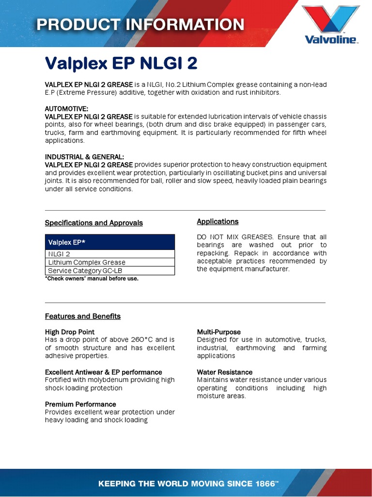 Valplex EP NLGI 2: Specifications and Approvals Applications | PDF ...