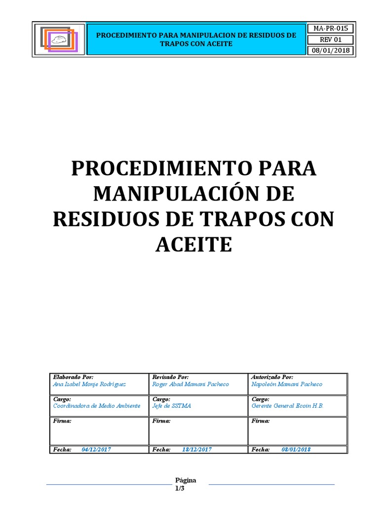 Manejo de Trapos Contaminados con Aceite | PDF | Petróleo | Residuos
