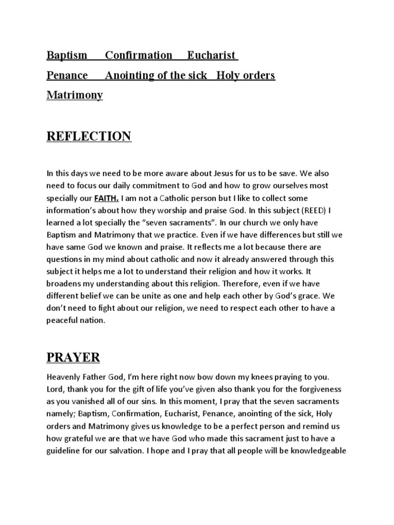 Reflection: Baptism Confirmation Eucharist Penance Anointing of The ...
