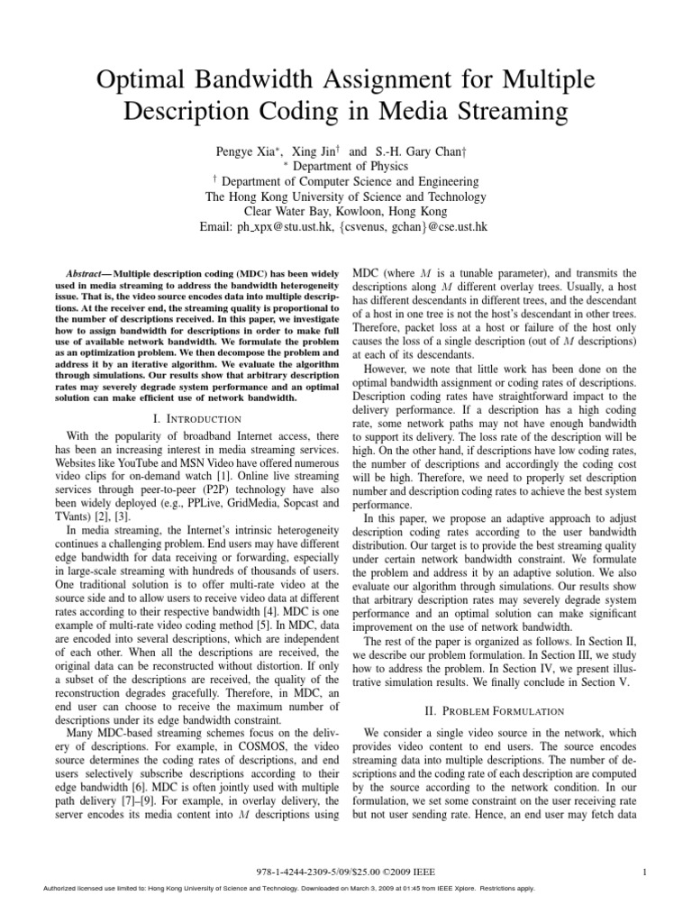 Optimal Bandwidth Assignment For Multiple Description Coding in Media Streaming | PDF | Peer To ...
