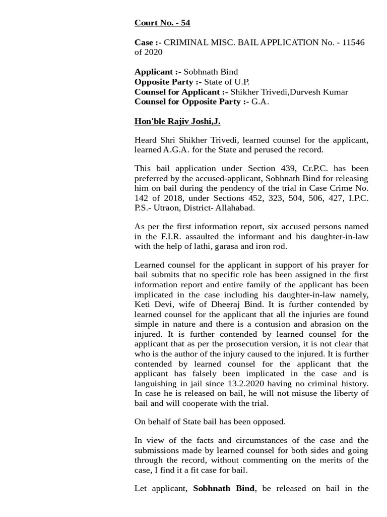 Court No. - 54 Case:-Criminal Misc. Bail Application No. - 11546 | PDF | Bail | Morality
