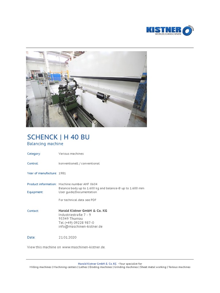 Schenck - H 40 Bu: Balancing Machine | PDF