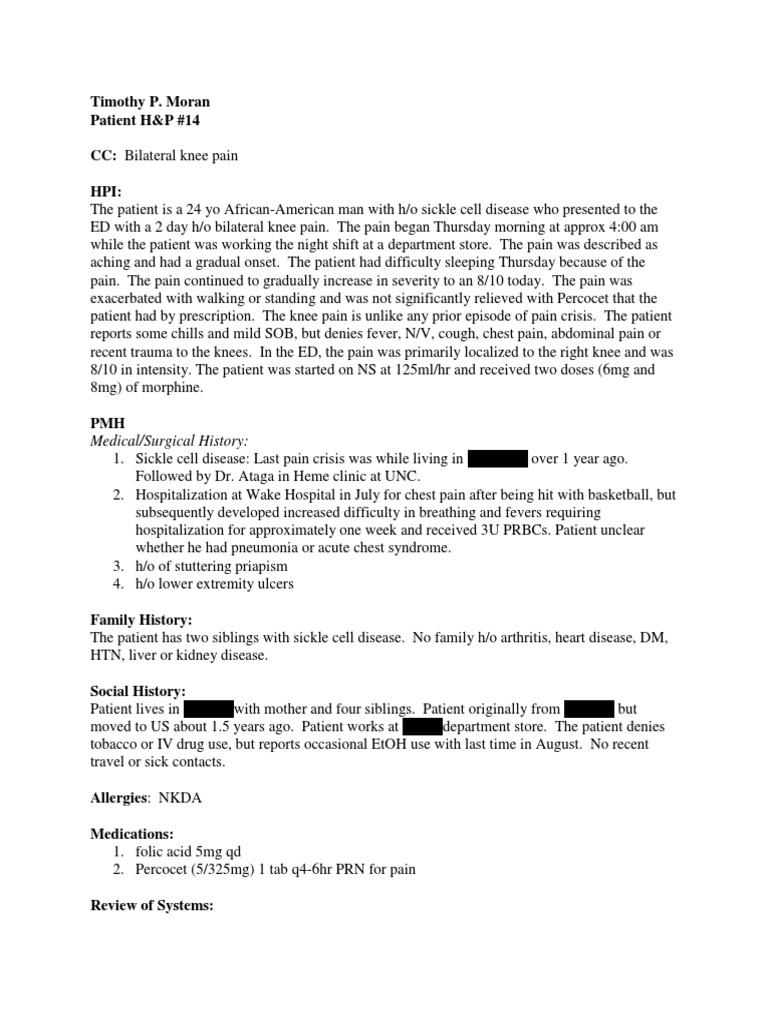 Timothy P. Moran Patient H&P #14 CC: Bilateral Knee Pain Hpi | Download ...