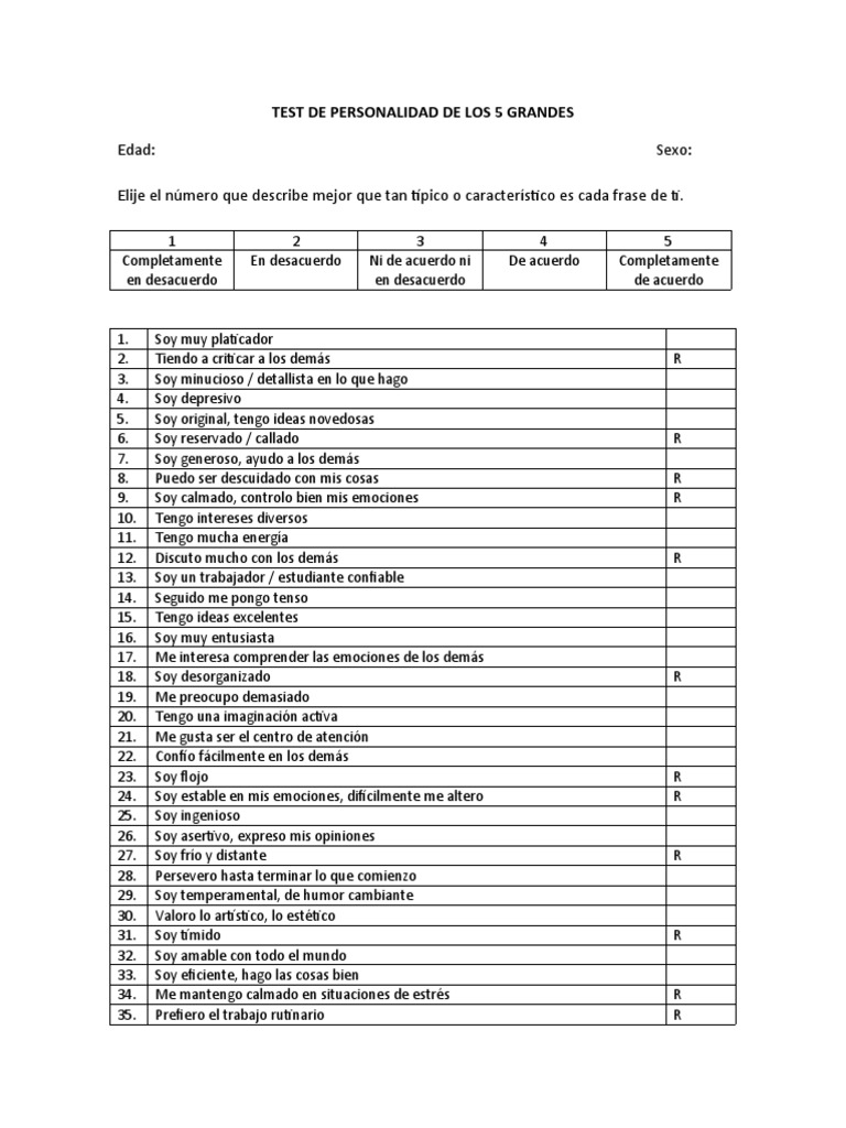 Test de Personalidad: Los 5 Grandes | PDF