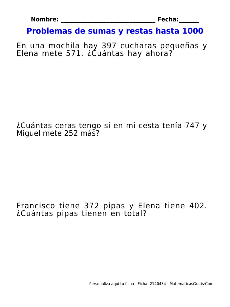 Problemas de Sumas y Restas hasta 1000 | PDF