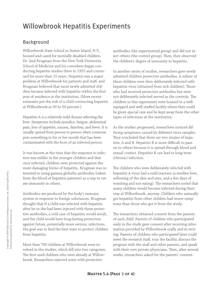 Willowbrook Experiment | PDF | Hepatitis | Infection