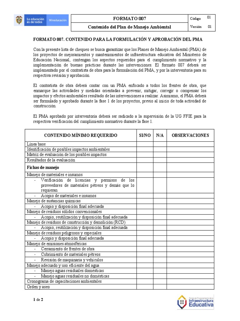 Formato 007. Pma Mejoramientos | PDF | Gestión de recursos ambientales | Residuos