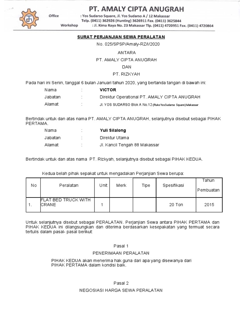 Perjanjian Sewa Peralatan PT. Amaly | PDF